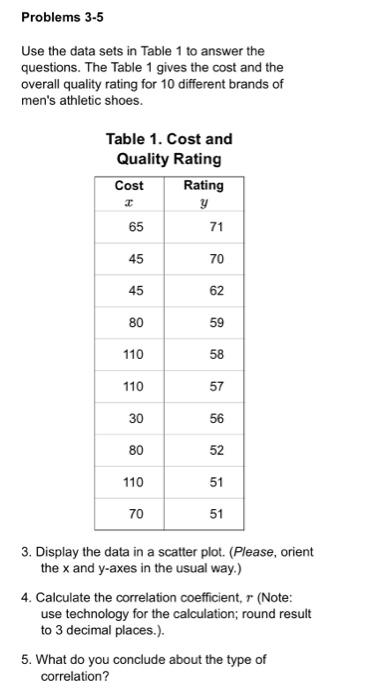 Solved Use the data sets in Table 1 to answer the questions. | Chegg.com