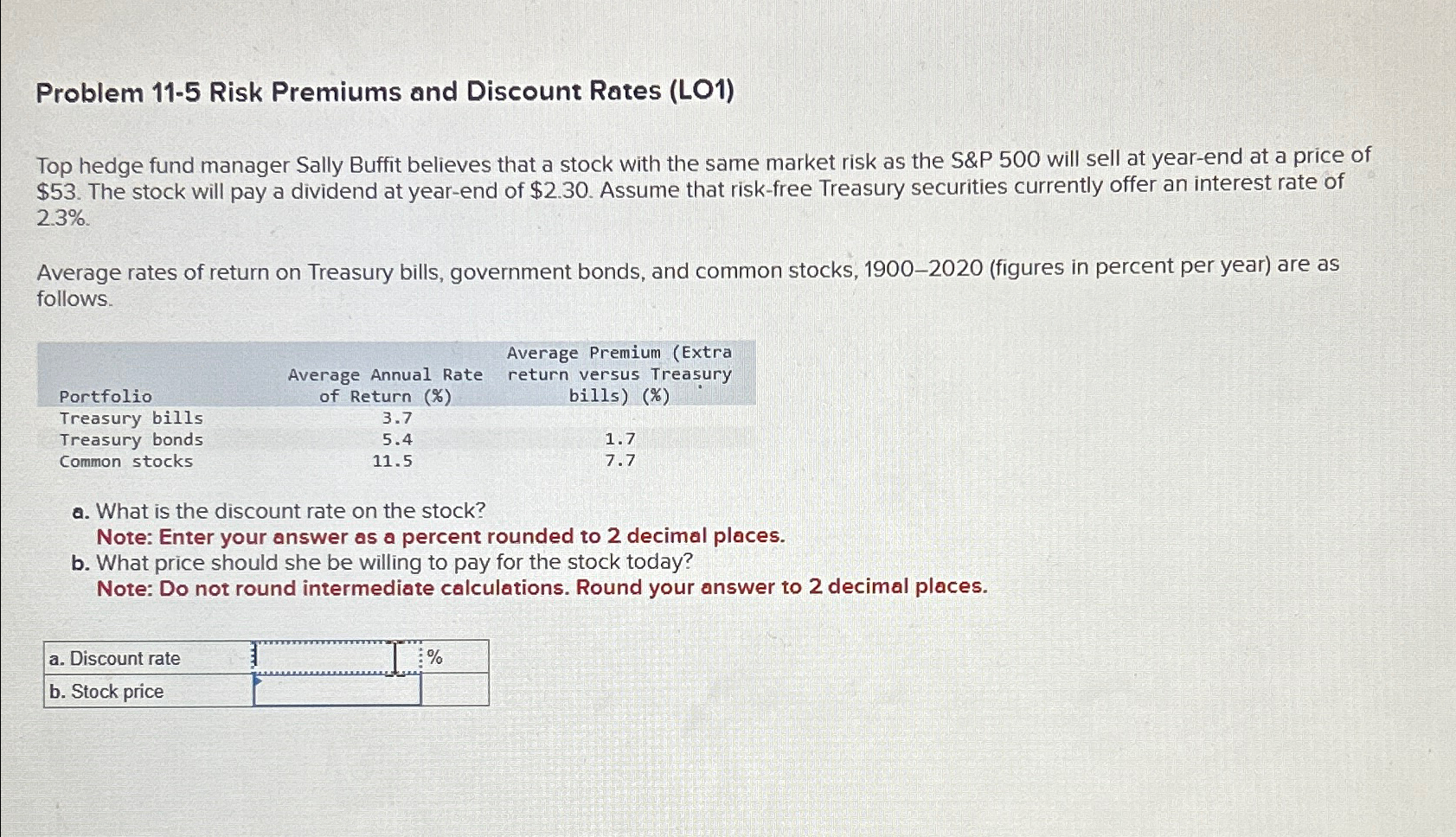 Solved Problem 11-5 ﻿Risk Premiums and Discount Rates | Chegg.com