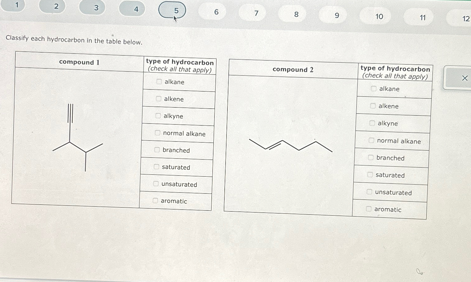 Solved 123458101112Classify each hydrocarbon in the table | Chegg.com
