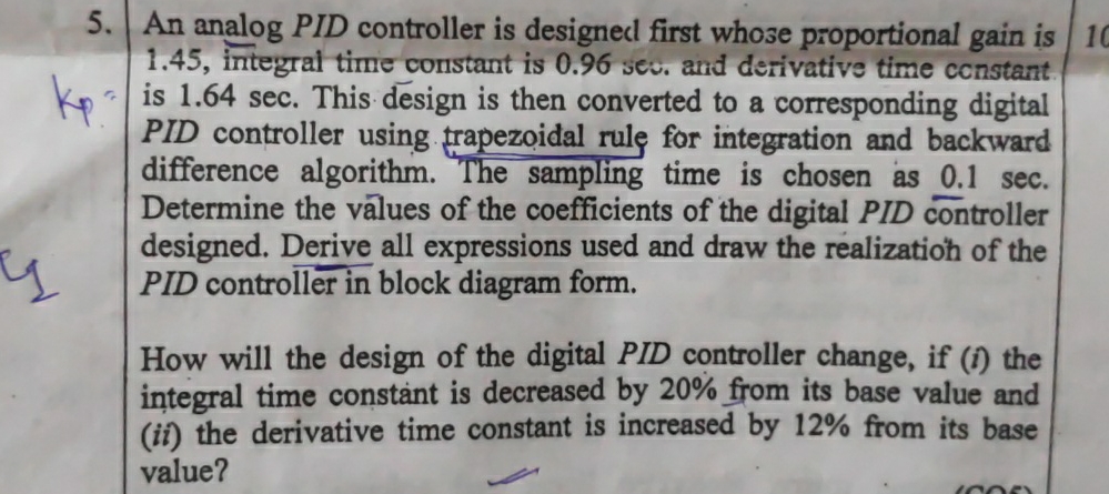 Solved An analog PID controller is designed first whose | Chegg.com
