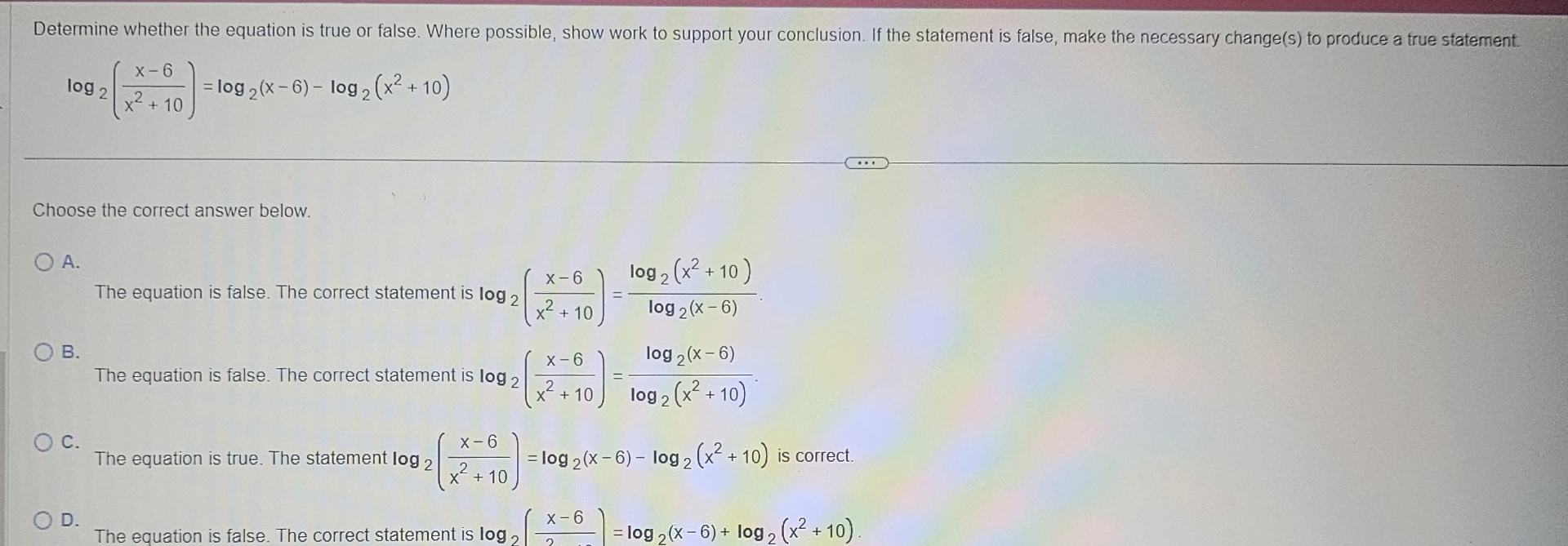 Solved Determine whether the equation is true or false. | Chegg.com
