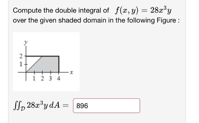 Solved Compute the double integral of f(x, y) = 28x³y over | Chegg.com