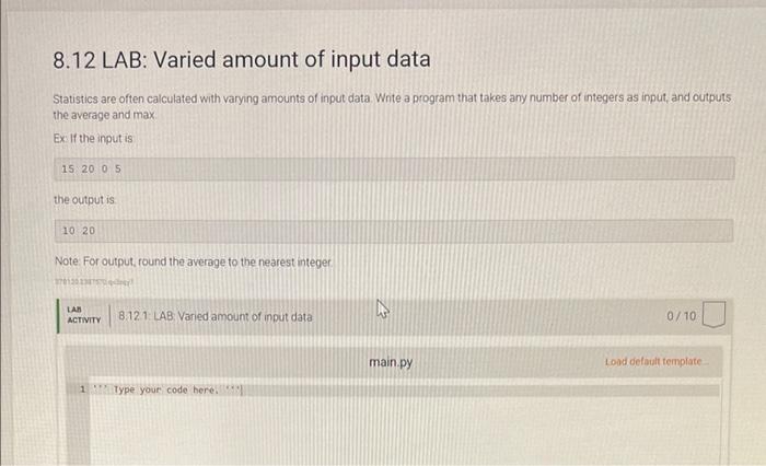 Solved 8 12 Lab Varied Amount Of Input Data Statistics Are