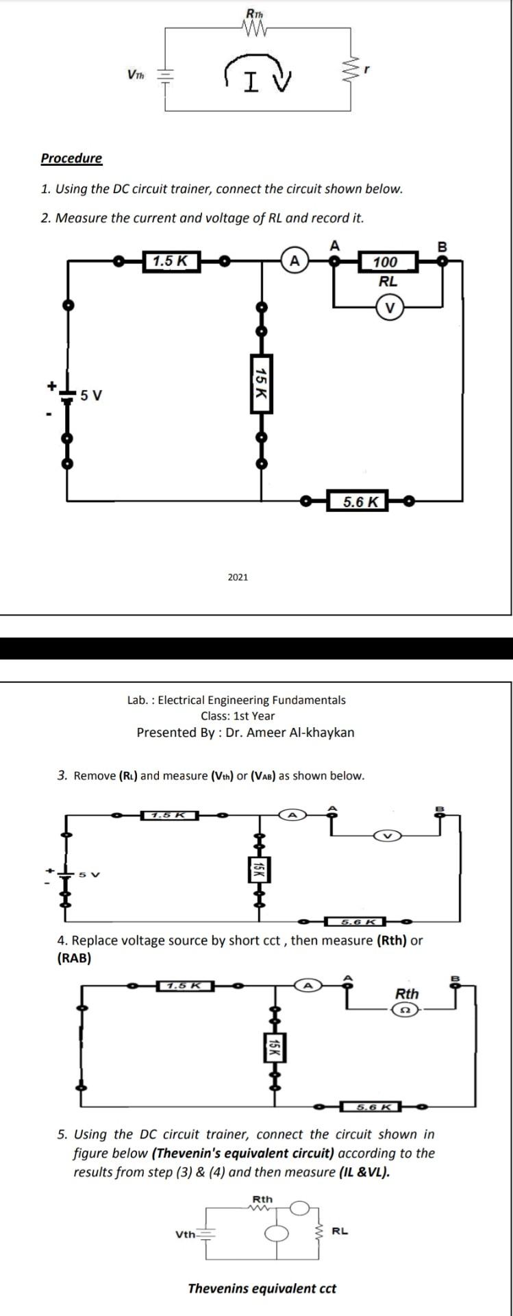 Solved Rth Vth I Procedure 1. Using the DC circuit trainer, | Chegg.com