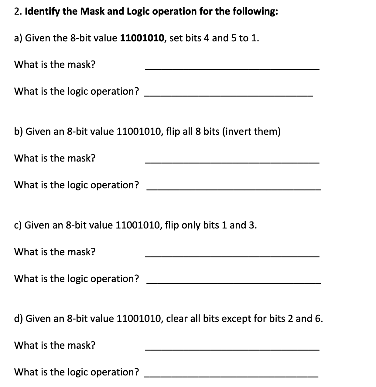 Solved 2. ﻿Identify the Mask and Logic operation for the | Chegg.com