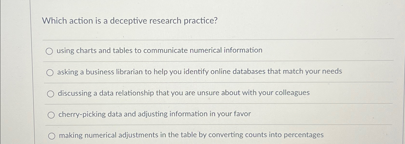 Solved Which action is a deceptive research practice?using | Chegg.com