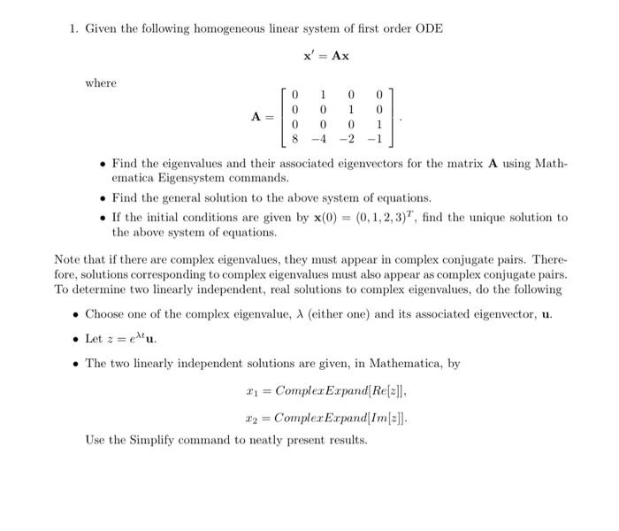 Solved 1. Given the following homogeneous linear system of | Chegg.com
