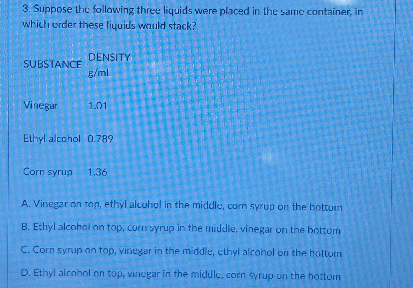 Solved Suppose the following three liquids were placed in | Chegg.com