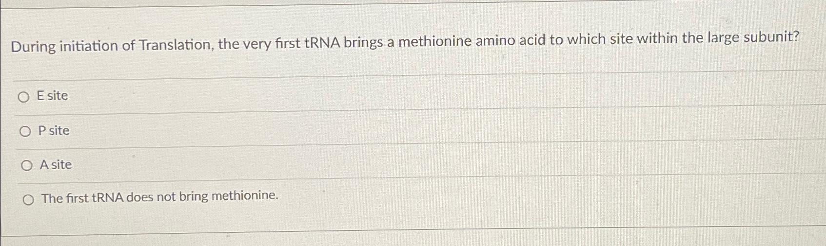 Solved During initiation of Translation, the very first tRNA | Chegg.com