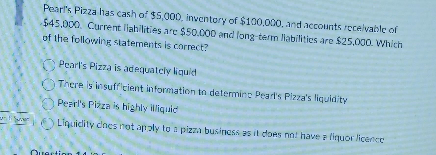 Solved Pearl's Pizza has cash of $5,000, inventory of | Chegg.com