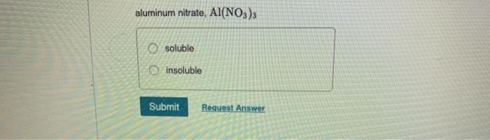 Solved aluminum nitrate, Al(NO3)3 soluble insoluble Submit | Chegg.com