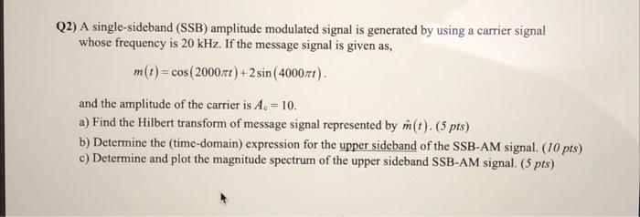 Solved Q2) A single-sideband (SSB) amplitude modulated | Chegg.com
