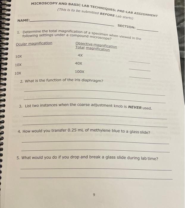 Solved MICROSCOPY AND BASIC LAB TECHNIQUES: PRE-LAB | Chegg.com