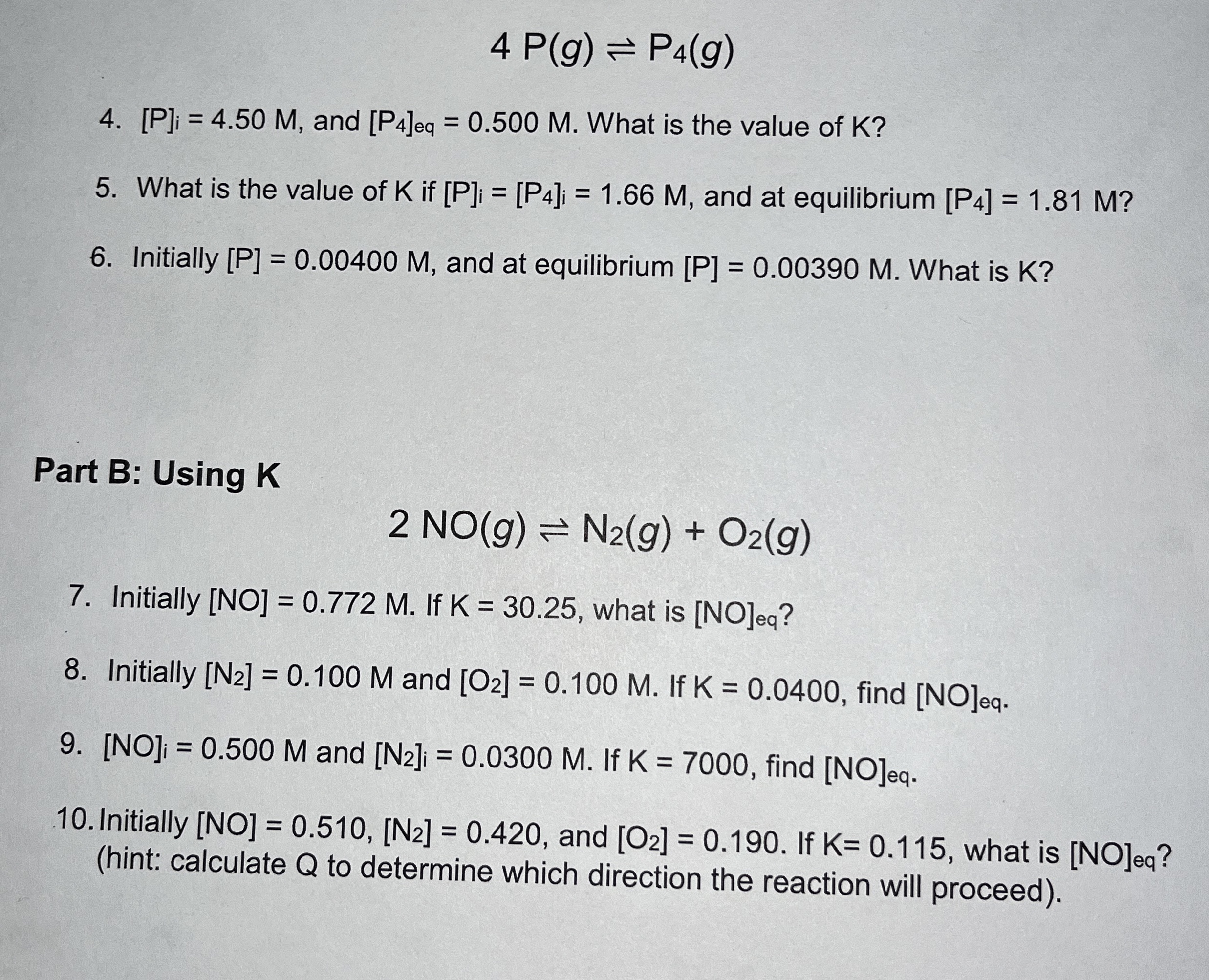 Solved 4P(g)⇌P4(g)[P]i=4.50M, ﻿and [P4]eq =0.500M. ﻿What is | Chegg.com
