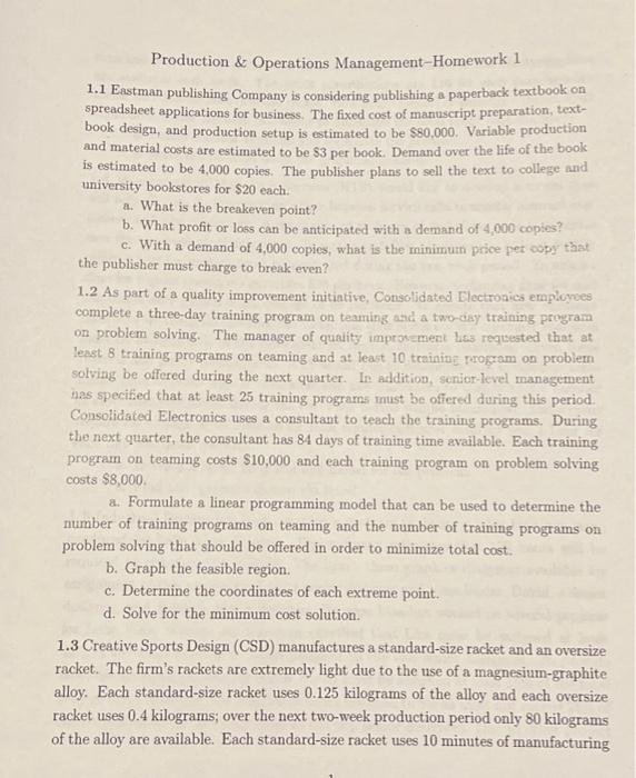 Production & Operations Management-Homework 1 1.1 | Chegg.com