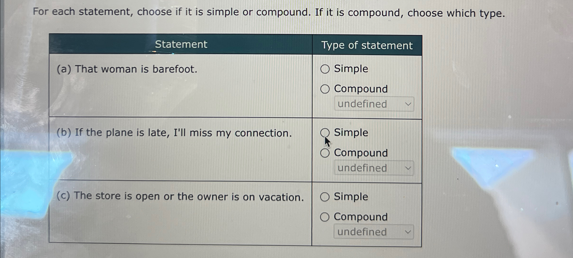 Solved For each statement, choose if it is simple or | Chegg.com