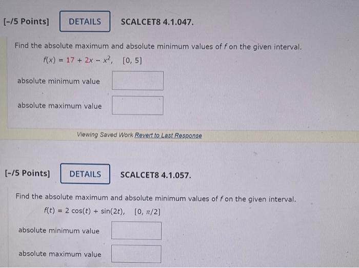 Solved Find the absolute maximum and absolute minimum values | Chegg.com