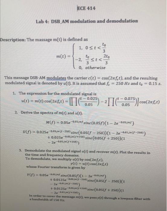 Lab 4: DSB_AM modulation and demodulation | Chegg.com