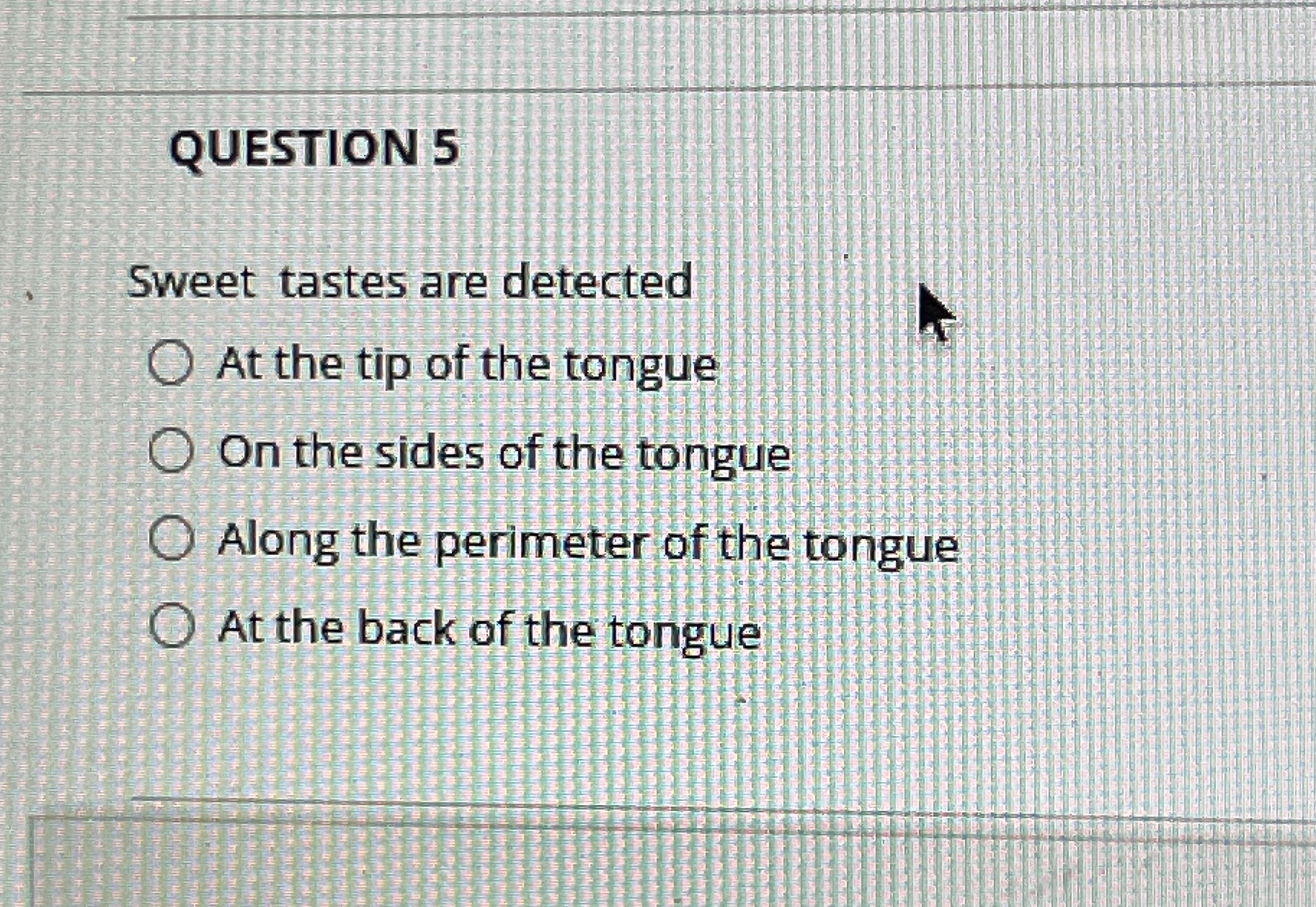 Solved QUESTION 5Sweet tastes are detectedAt the tip of the | Chegg.com