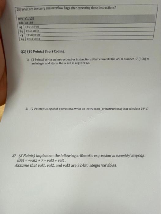 Solved 20) What are the carry and overflow flags after | Chegg.com