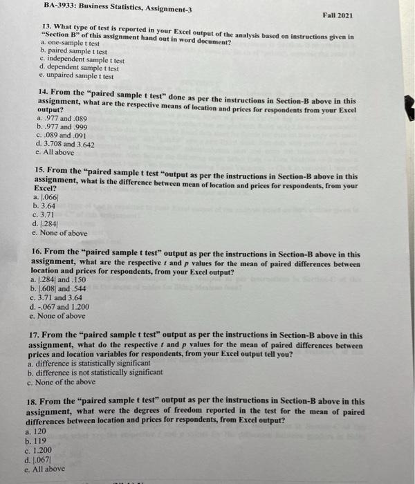 BA-3933: Business Statistics, Assignment-3 Fall 2021 | Chegg.com