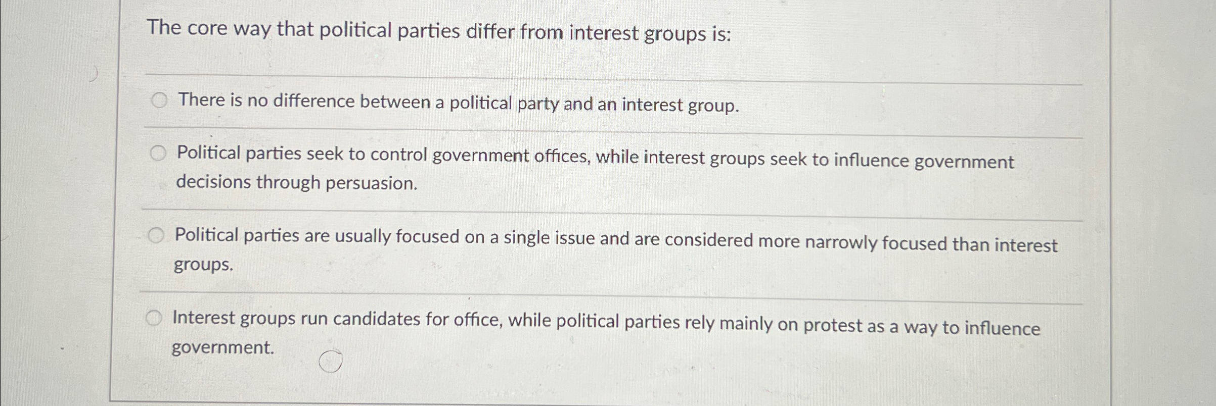 Solved The core way that political parties differ from | Chegg.com