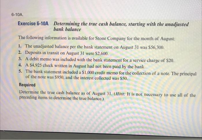 Solved Exercise 6-10A Determining the true cash balance, | Chegg.com