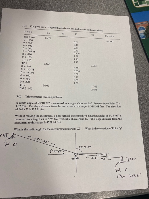 Solved 3-5) Complete the leveling field notes below and | Chegg.com