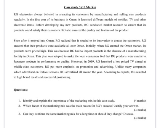 Case study 3 (10 Marks) RG electronics always | Chegg.com