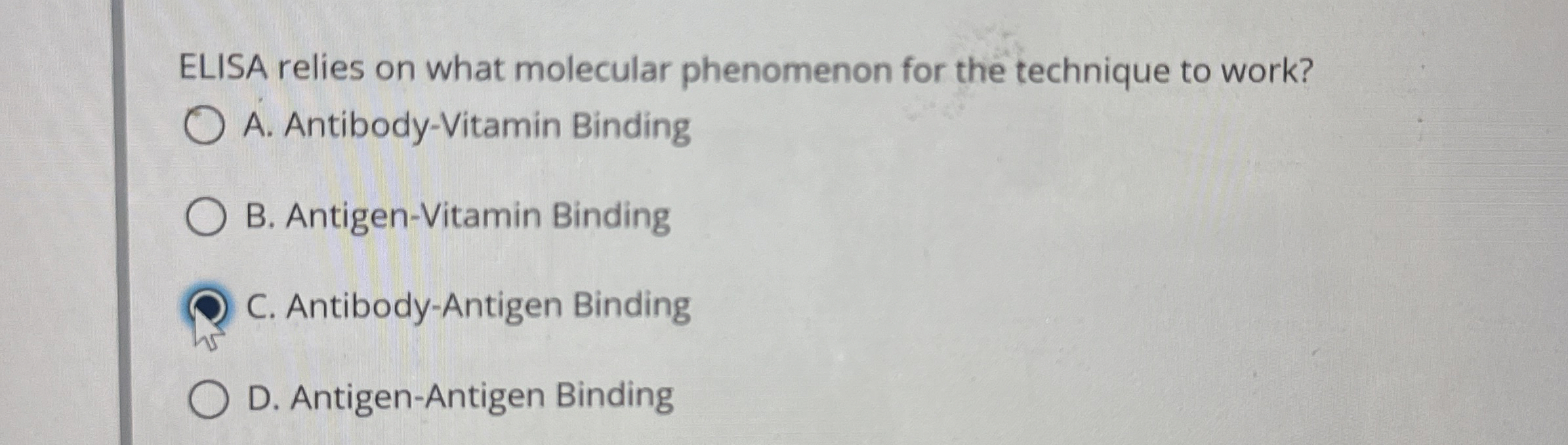 Solved ELISA relies on what molecular phenomenon for the | Chegg.com
