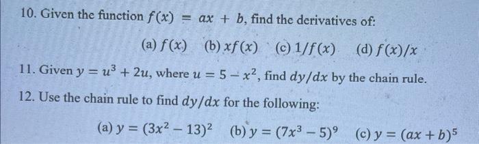 Solved 10. Given the function f(x)=ax+b, find the | Chegg.com