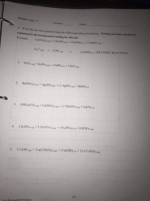 Solved Prelab: Expt. 17 Section: Name: net ionic reaction | Chegg.com