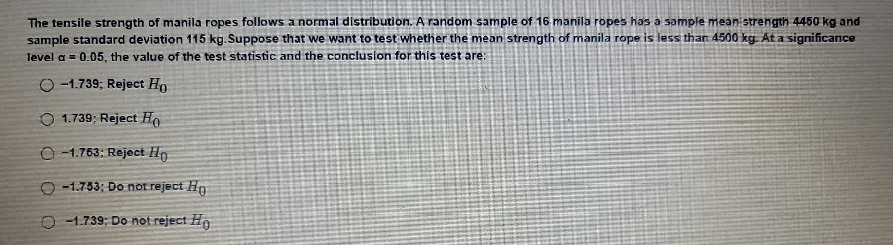 Solved The tensile strength of manila ropes follows a normal | Chegg.com