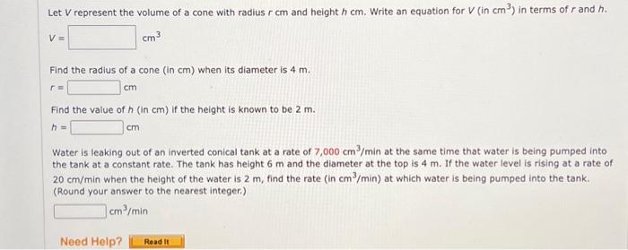 [Solved]: Let V represent the volume of a cone with radius