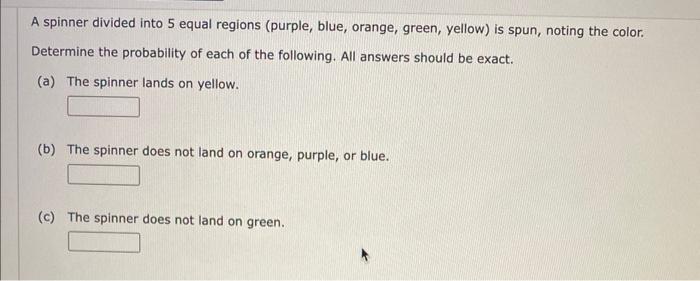Solved A spinner divided into 5 equal regions (purple, blue, | Chegg.com