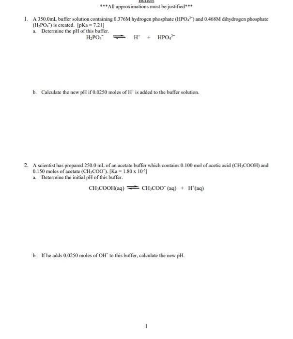 Solved 1. A 350.0 mL buffer solution containing 0.376M | Chegg.com