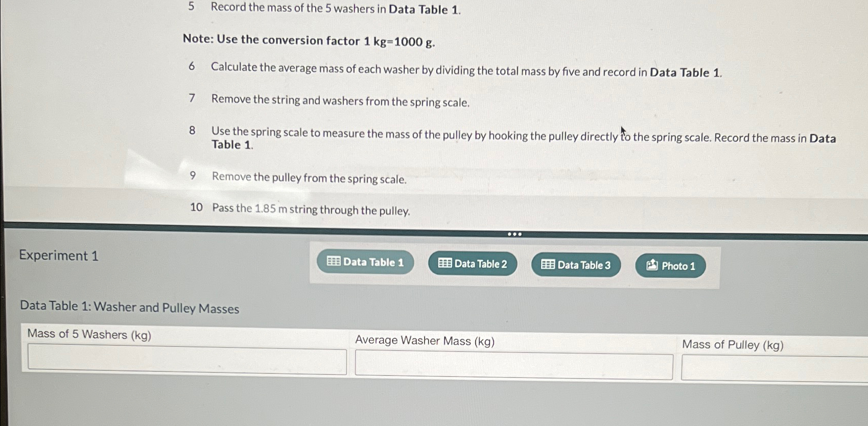 5 ﻿Record the mass of the 5 ﻿washers in Data Table | Chegg.com