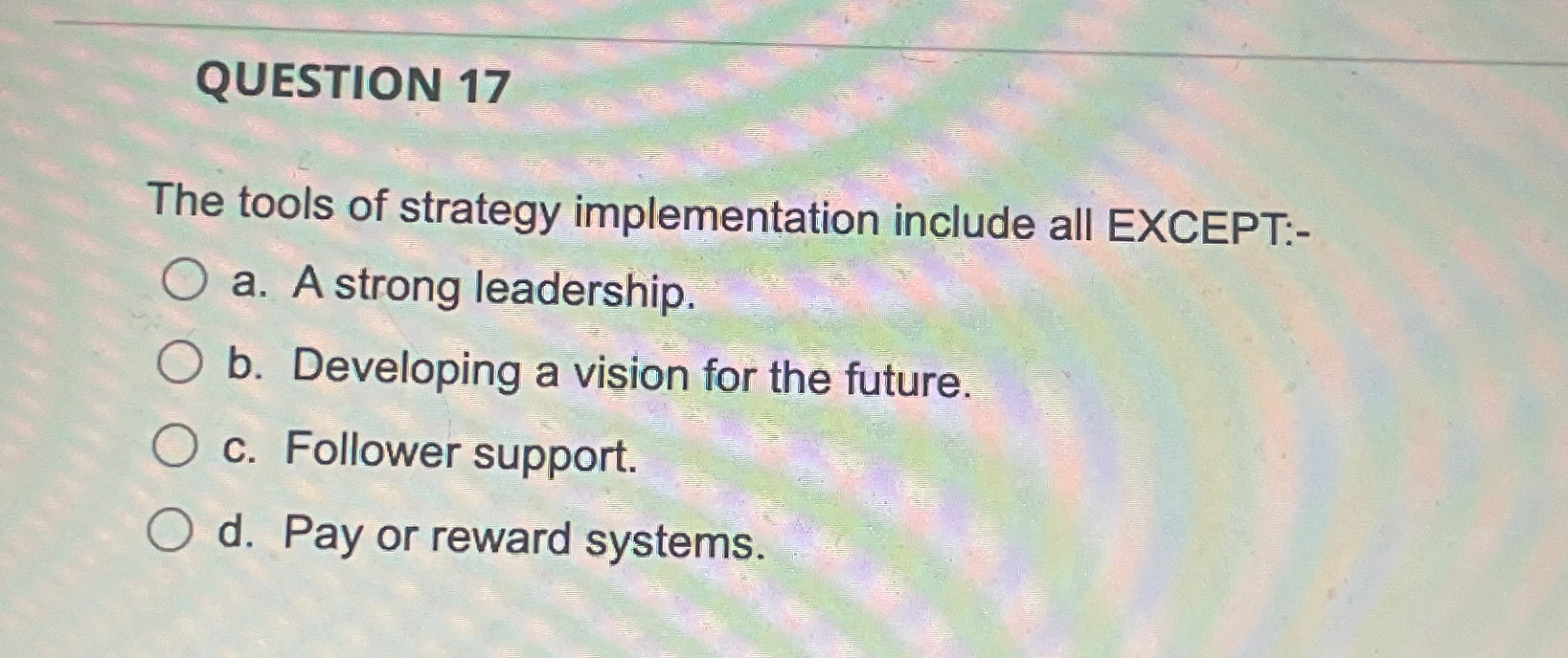 Solved QUESTION 17The tools of strategy implementation | Chegg.com