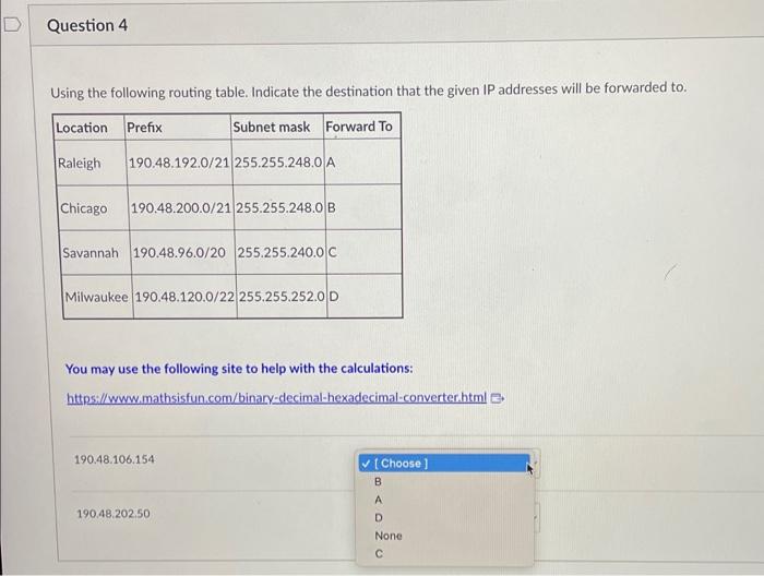 Solved Using the following routing table. Indicate the | Chegg.com