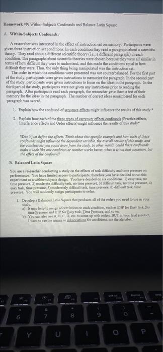 Creating a Balanced Latin Square o First row: • Order | Chegg.com