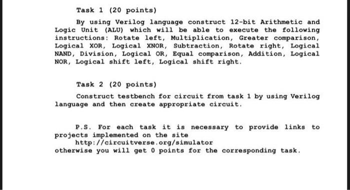 Solved Task 1 (20 points) By using Verilog language | Chegg.com Solved Task 1 (20 points) By using Verilog language | Chegg.com