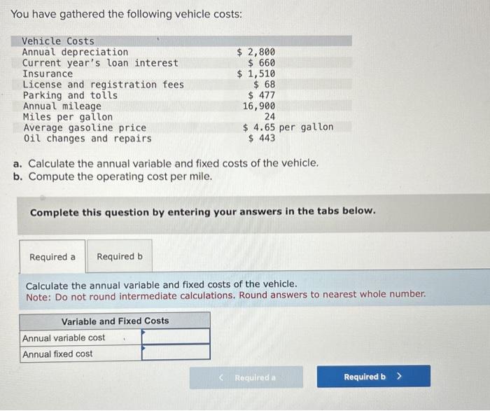 Solved You have gathered the following vehicle costs: a. | Chegg.com