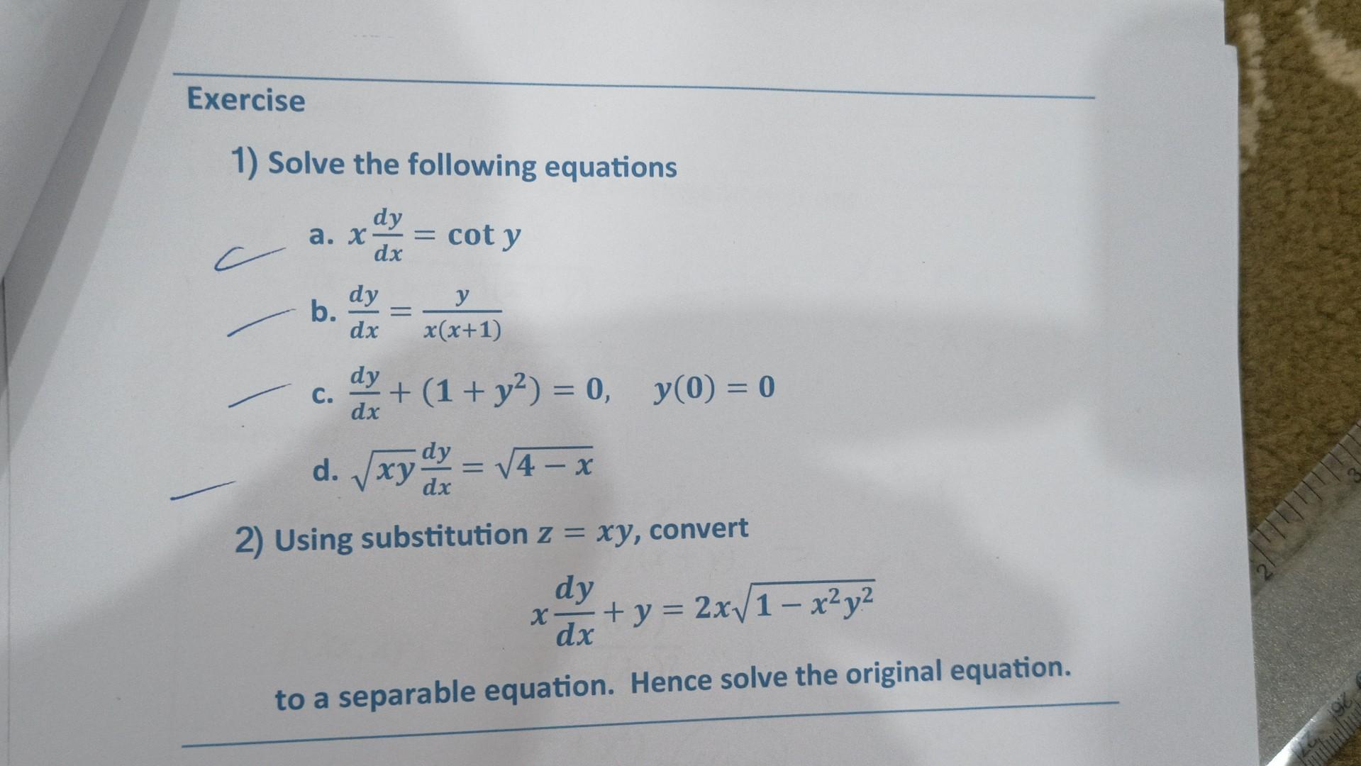 Solved 1) Solve the following equations a. xdxdy=coty b. | Chegg.com