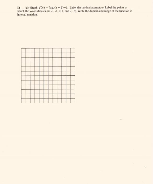 Solved 8) a) Graph f(x) = log2 (x + 2)-1. Label the vertical | Chegg.com