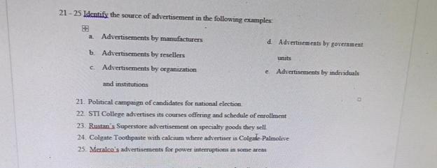Solved 21 - 25 ﻿Identify the source of advertisement in the | Chegg.com