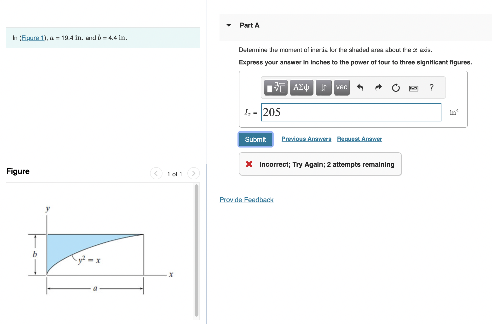 Solved In (Figure 1), a=19.4in. ﻿and b=4.4in.FigureProvide | Chegg.com