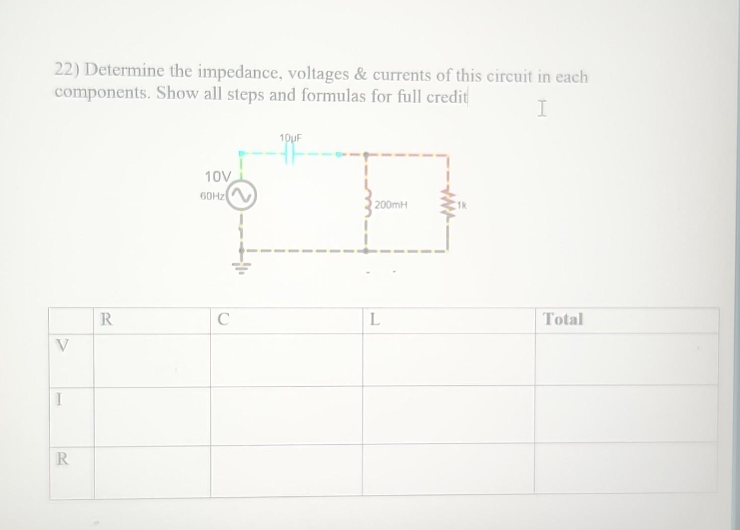 Solved 22) Determine the impedance, voltages \& currents of | Chegg.com