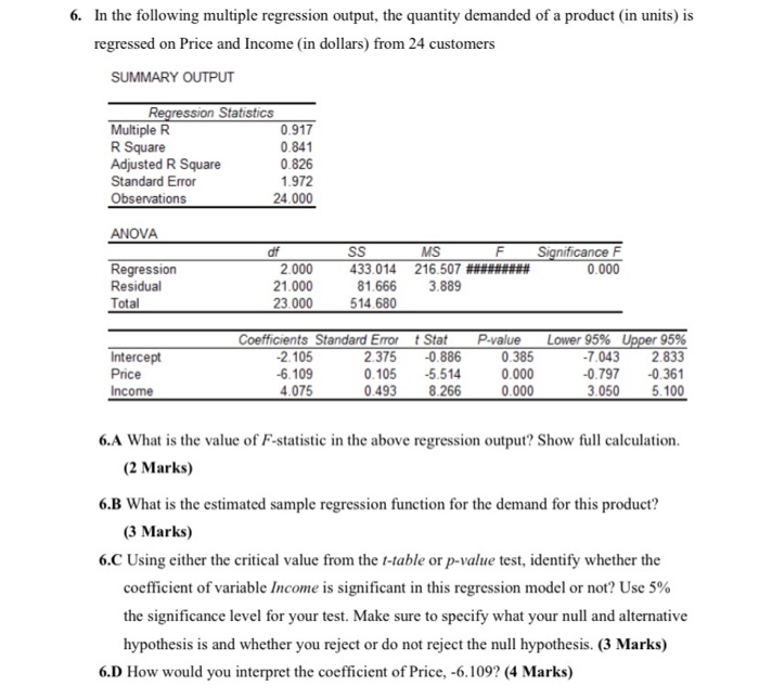 Solved 6. In the following multiple regression output, the | Chegg.com