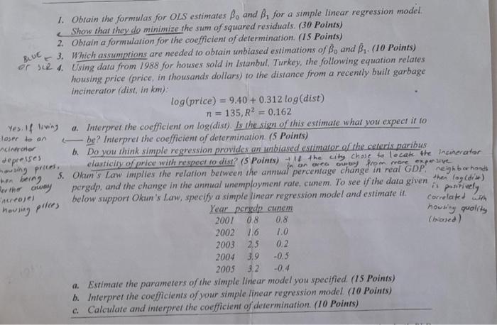 Solved 1. Obtain the formulas for OLS estimates β^0 and β^1 | Chegg.com