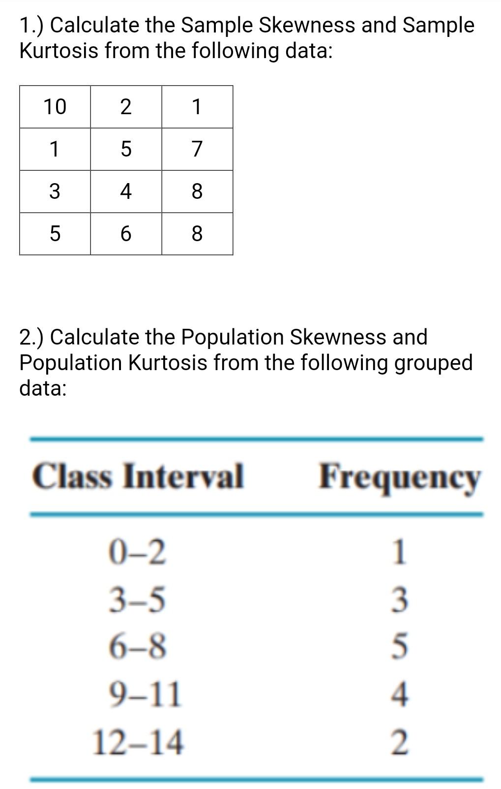 Solved 1.) Calculate the Sample Skewness and Sample Kurtosis | Chegg.com